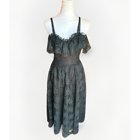 Dresses | Vintage Black Ruffle Lace Fairy Goth Gothic Ruffle Strap Gown ...